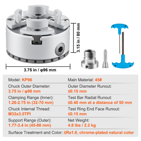 Mophorn KP96 Lathe Chuck, 4-Jaw 3.75" Diameter, Metal Self-Centering ...