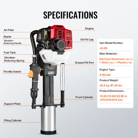 Mophorn 52cc Gas-Powered T Post Driver, 2-Stroke Engine Gasoline Fence Piling Pounder, 1400W ...