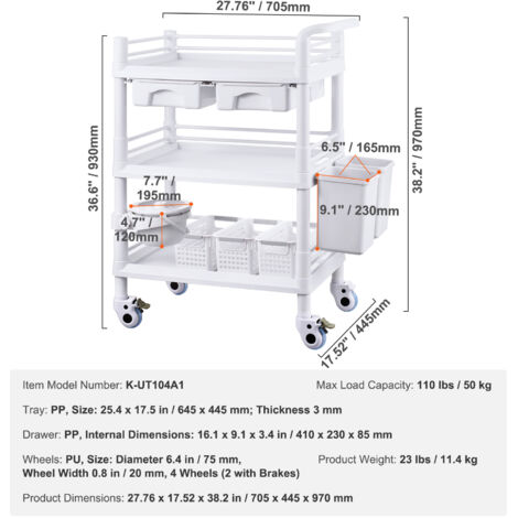 Mophorn 3 Tiers Lab Carts, Lab Utility Cart with 3 Trays & 4 Silent ...