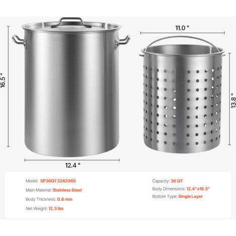 Mophorn 36 Quart Stainless Steel Stockpot Cooking Pot with Basket Lid Handle Heavy Duty Commercial