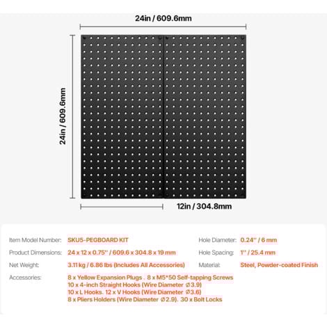 Mophorn Metal Pegboard Panels, Black, 24"x 12" 2 Panels, Heavy-Duty ...