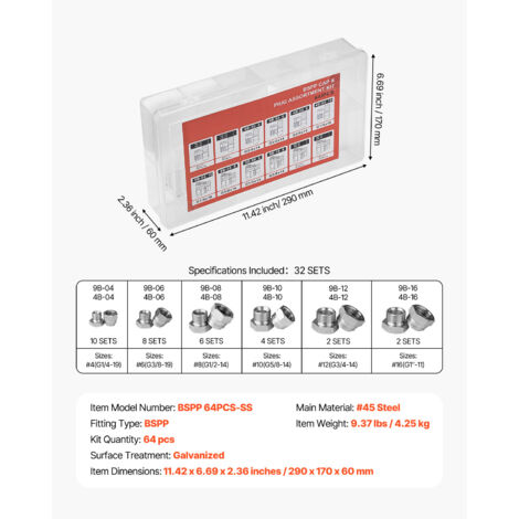 Mophorn 64 PCS BSPP Hydraulic Fittings Kit, Galvanized Steel Hydraulic Cap & Plug with Precision ...