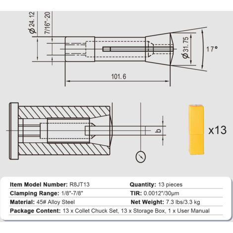 Mophorn 13 pcs Precision R8 Collet Set, 1/8'' - 7/8'', 45 Mill Collet ...