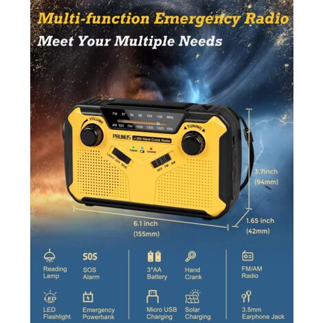 Portable Radio Dynamo Survie, PRUNUS J-369 AM/FM Radio Manivelle Solaire, Portative Radio à Pile ...