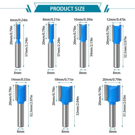 7 Pièces Fraise Defonceuse a Bois à Tige 8mm Set, Fraises Droite pour Défonceuses, Fraise a ...