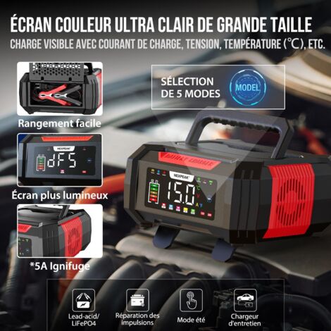 15A Chargeur de Batterie de Voiture, NC315 12V/24V Chargeur de Batterie Rangement des câbles ...