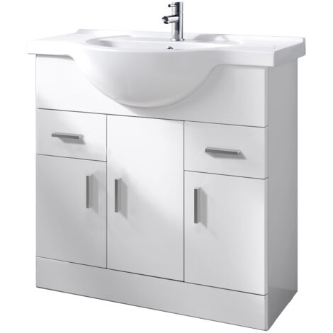 Bathroom Basin Vanity Unit Soft Close Door 850mm Gloss White