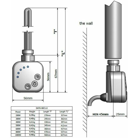 Chrome Thermostatic Heating Element with Timer LED Display 800W