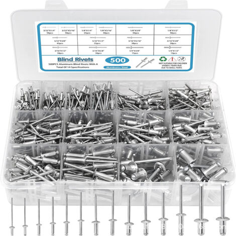500-teiliges Popnieten-Sortiment, 14 Größen Aluminium-Blindnieten (3/32 ...