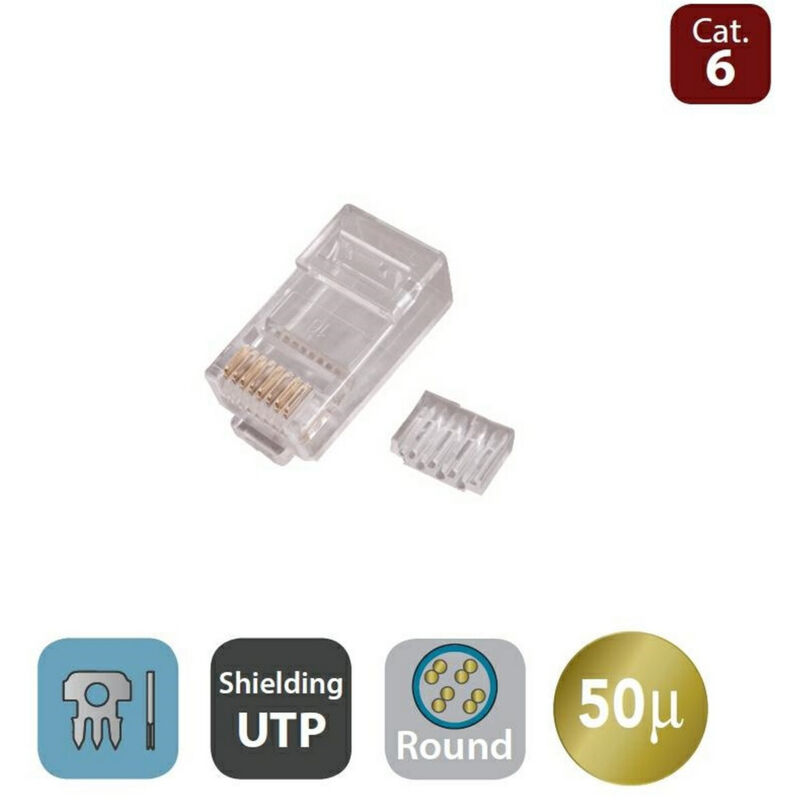 Conector modular UTP Cat 6 para cable rígido RJ45 con baño de oro
