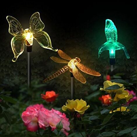 Confezione da 3 luci solari da giardino a forma di farfalla, colibrì, libellula, LED multicolore ...