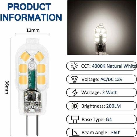 Lampadina LED G4 12V 2W Bianco neutro 4000K, 200LM, equivalente a ...