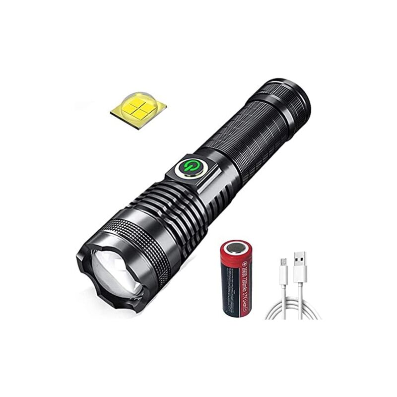 Linterna recargable por USB, linterna LED XHP70 superbrillante con zoom