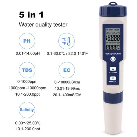 Medidor de sal para piscinas Ulisem, medidor digital 5 en 1 de salinidad para agua de mar, kit ...