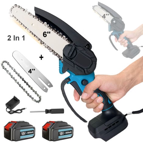 Mini Chainsaw Cordless with Battery 5500mAh 6 inch 4 inch 2 in 1 Small Portable Handheld Chain Saws Electric Chainsaw with 2 Guide Bars 2 Chains for Trees Pruning Compatible with Makita Battery