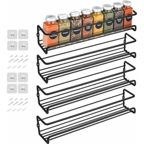 Spice rack Set of 4 wall-mounted spice shelves in black metal without ...