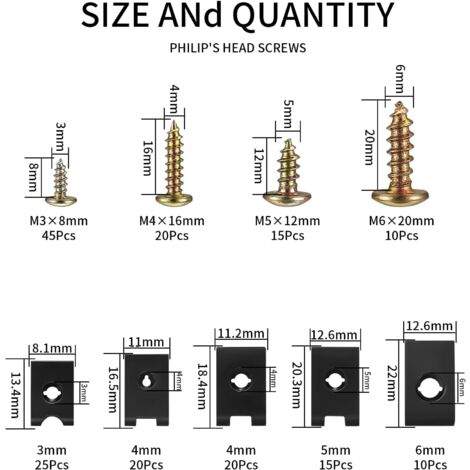 Assortment of 180 automotive U-clip screws and nuts, including 90 ...