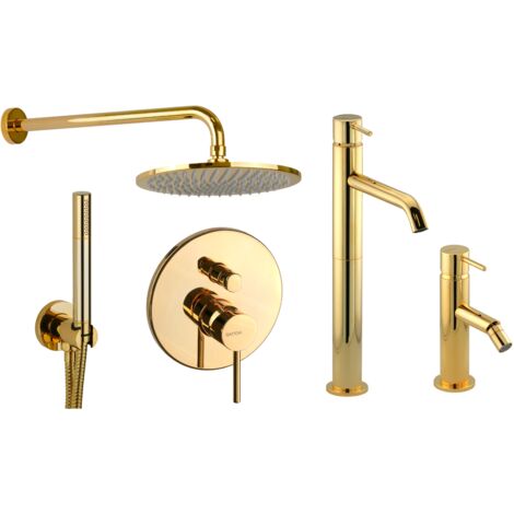 Hohes Waschtischmischer-Set, Bidetmischer und Duschset in Goldfarbe ...