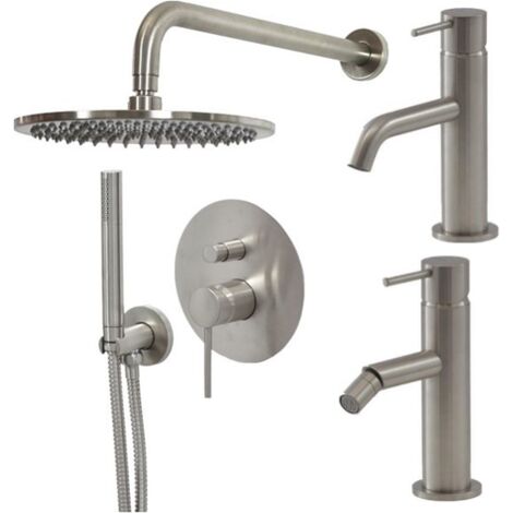 Waschtischmischerset, Bidetmischer und Duschset in gebürstetem Stahl ...