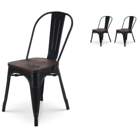 Conjunto de 2 sillas de metal negro mate y asiento de madera oscura ...