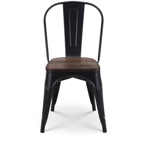Conjunto de 2 sillas de metal negro mate y asiento de madera oscura ...