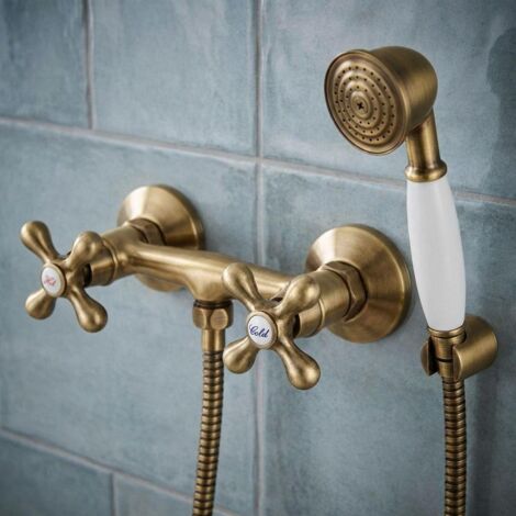 Shower Mixer Wall Mounted Antique Brass Tap Retro Heads