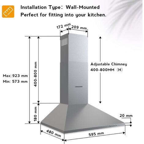 FIREGAS Cooker Hoods 60cm with Carbon Filters 308m³/h Stainless Steel ...
