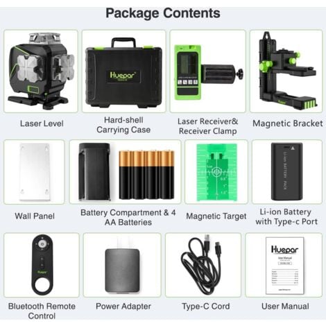 Huepar 16 Lines Self-Leveling Laser Level 4x360° Cross Line Laser with Receiver -LCD Screen, 4D ...