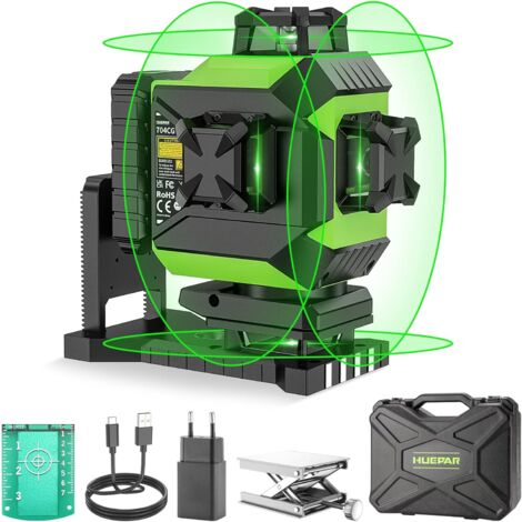 Huepar 4x360 Laser Level Self leveling 4D Green Beam Cross Line 16 Lines Tiling Floor Laser Tool 2x360 Horizontal Vertical Laser Lines rechargeable Li ion Battery Integrated Magnetic Bracket 704CG