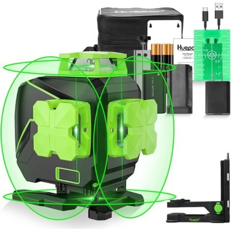 Huepar 16 Lines Self-Leveling Laser Level 4 x 360°Cross Line Laser - 4D Green Beam Rechargeable ...