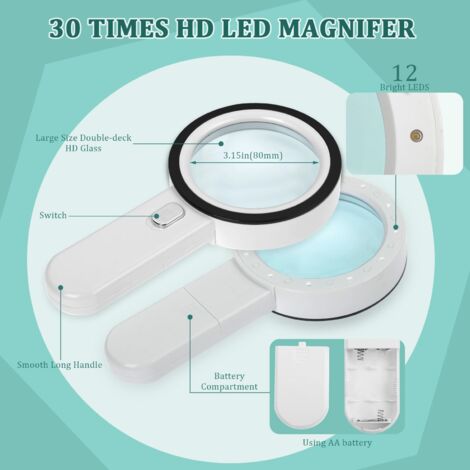 Beleuchtete Leselupe, 30-fache Lupe mit 12 LED-Licht, Handlupe ...