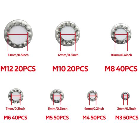 270 Stück 304 Edelstahl Innenzahn-Sternscheiben – 7 Größen, M3 M4 M5 M6 ...