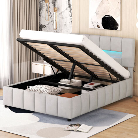 Letto matrimoniale, Pedana imbottita, LED, Letto contenitore - 140 x ...