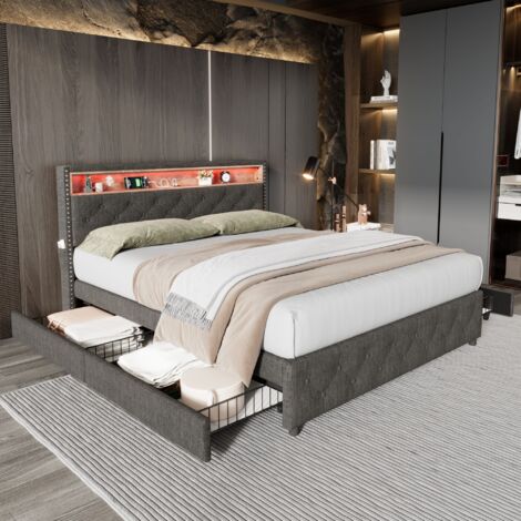 Letti con cassetti per adulti, letto matrimoniale imbottito, LED, USB ...