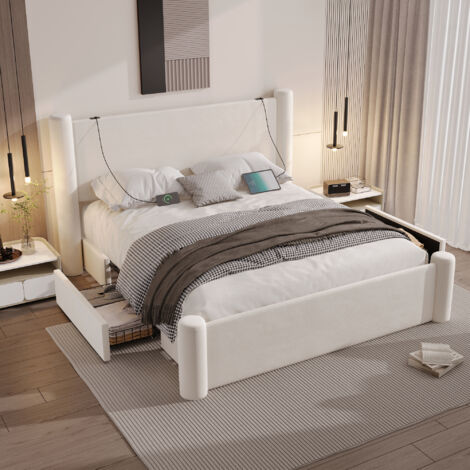 Letti con cassetti 140x200 cm, letto matrimoniale imbottito con USB, 2 ...