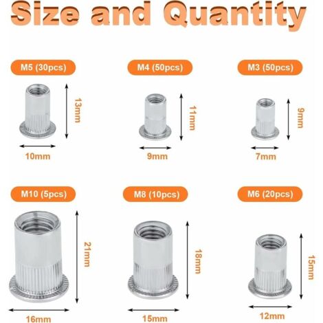 165-teiliges Nietmuttern-Werkzeug aus Edelstahl mit flachem Kopf und Gewinde, Nietmuttern ...