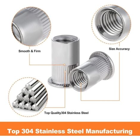 165-teiliges Nietmuttern-Werkzeug aus Edelstahl mit flachem Kopf und Gewinde, Nietmuttern ...