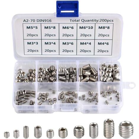 200-teiliges Inbusschrauben-Set aus Edelstahl mit Sechskant-Madenschrauben, metrisch ...