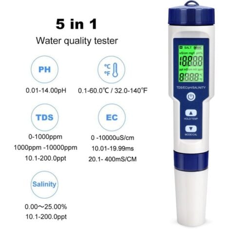 Medidor de pH electrónico, comprobador de pH 5 en 1 para piscinas con retroiluminación, pH/TDS ...