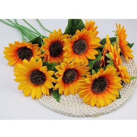 10 girasoles artificiales de un solo tallo, realistas, de seda sintética, decorativos, para ...