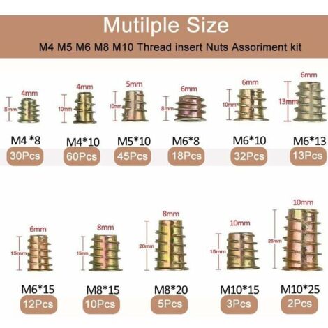230 tuercas hexagonales M4 M5 M6 M8 M10 con insertos roscados, insertos de tuercas roscadas ...