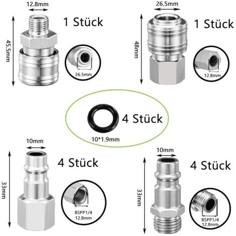 Druckluftkupplung 1/4 Zoll Pneumatische Anschlüsse, 10 Stück Druckluft Schnellkupplung ...