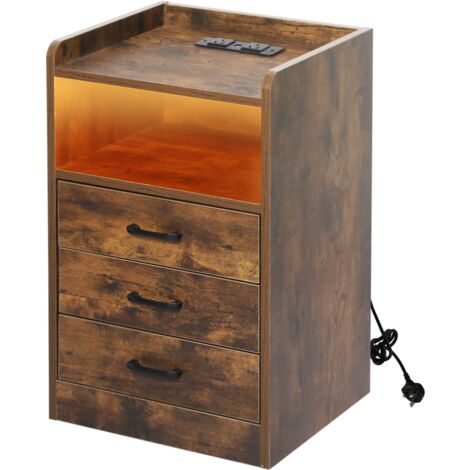 Levede Bedside Table Nightstand USB Charger Outlet RGB LED 3 Drawers Oak