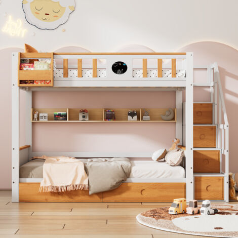 Lit superposé enfant 90 x 200 cm avec escalier, étagères et caissons à ...