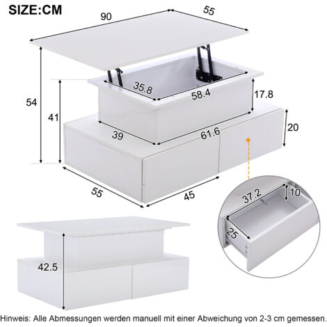 Table basse relevable blanche brillance avec éclairage LED et 4 tiroirs ...