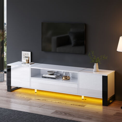 Meuble TV brillant avec éclairage LED, 1 tiroir, 2 portes, rangement ...