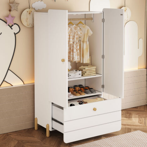 Armadio per cameretta bambini con gambe in legno, armadio contenitore con cassetti e grucce, bianco