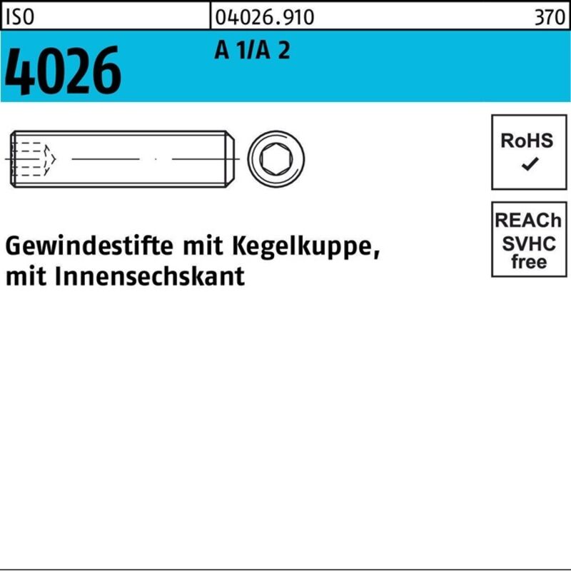 ISO 4026 Gewindestifte mit Kegelkuppe & Innensechskant A 1/A 2 M 8 x 25 ...