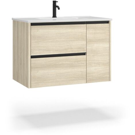 Mueble Baño Suspendido con Lavabo Cerámico 2 cajones y Puerta Lateral con Cierre Amortiguado y ...