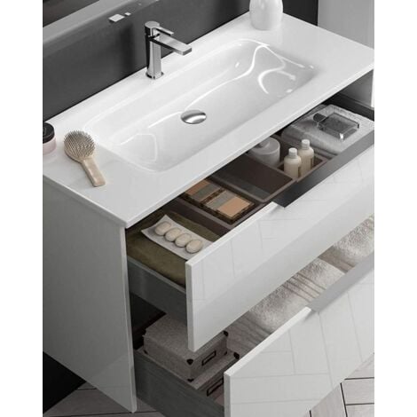 Mueble Baño Suspendido con Lavabo Cerámico 2 cajones con Cierre Amortiguado y Organizador 60 cm ...